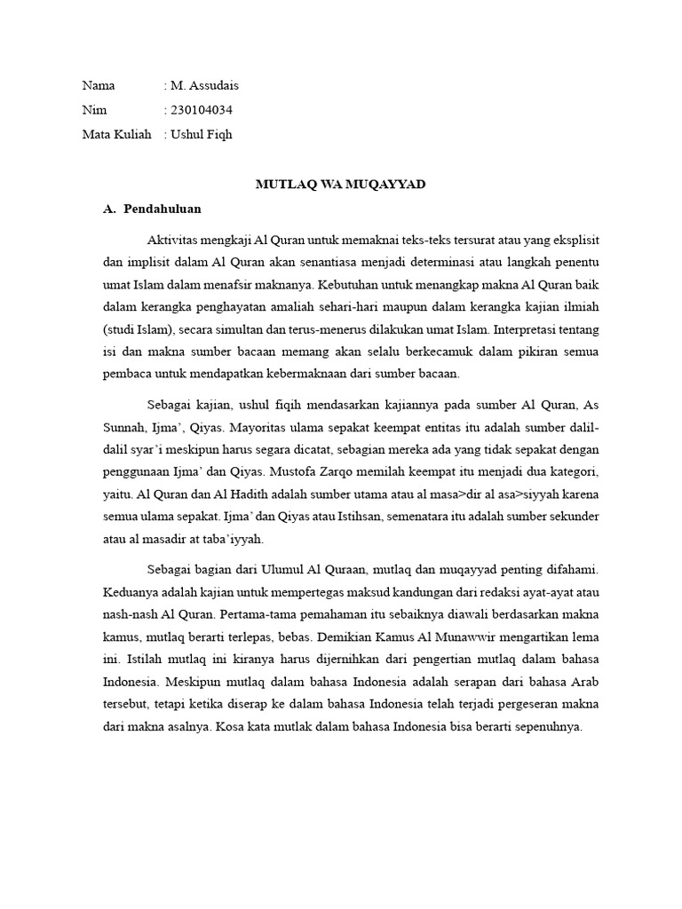 Mutlaq Wa Muqayyad A. Pendahuluan | PDF | Agama & Spiritualitas