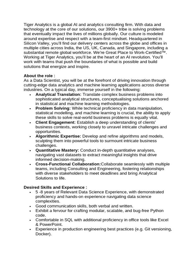 JD - Tiger Analytics Data Scientist | PDF | Data Science | Analytics