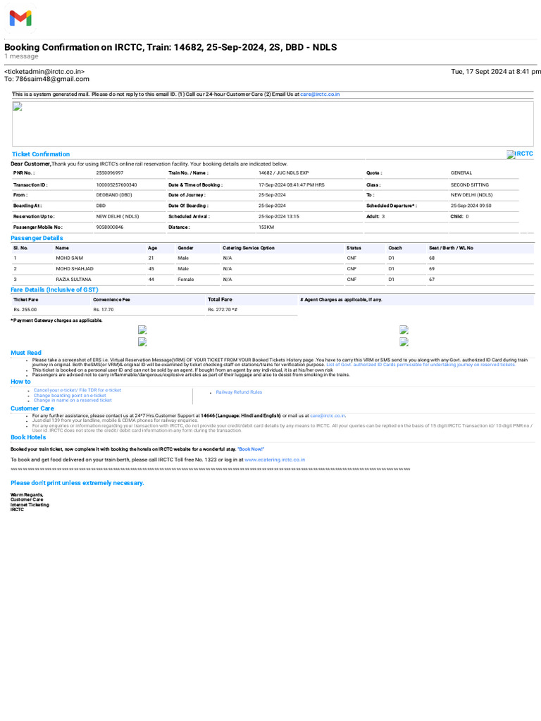 Gmail - Booking Confirmation On IRCTC, Train - 14682, 25-Sep-2024, 2S ...