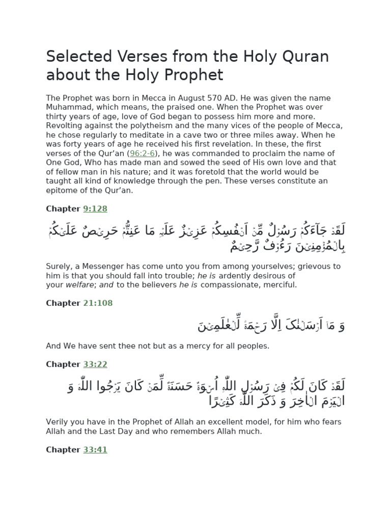 Selected Verses From The Holy Quran About The Holy Prophet | PDF ...