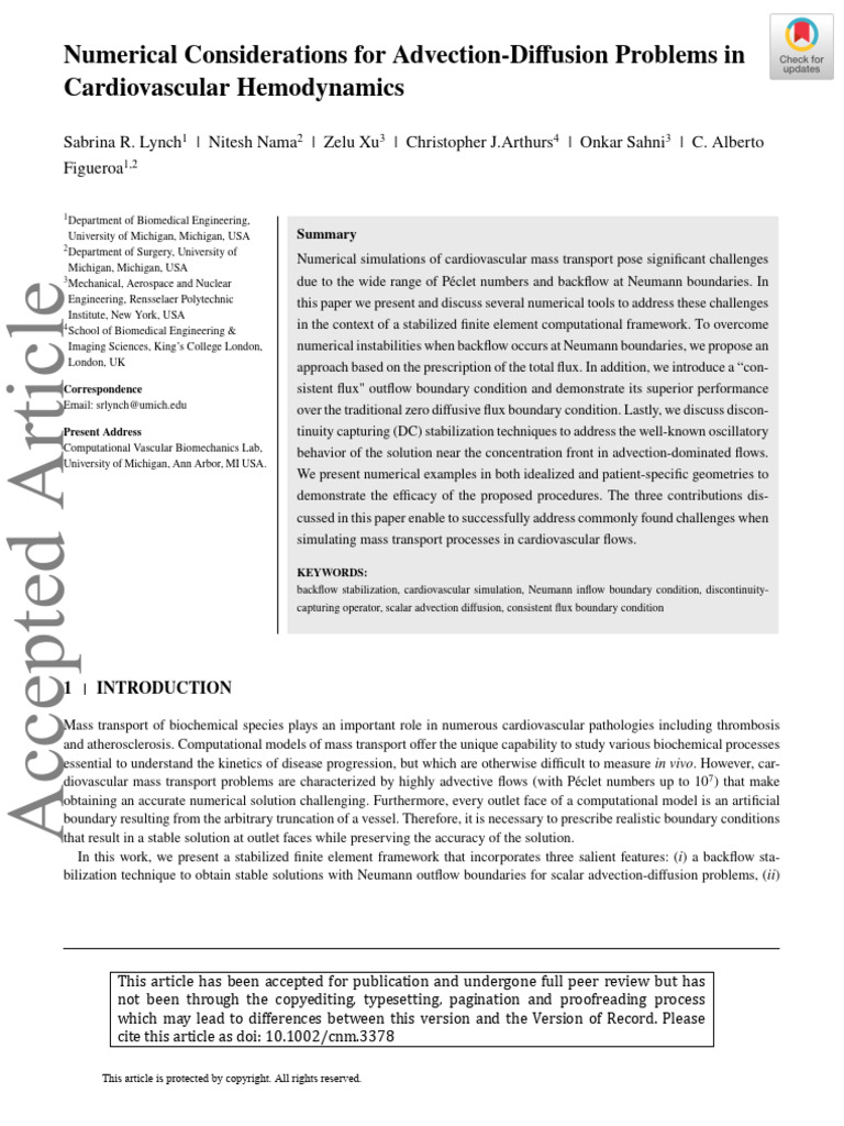 Numerical Considerations For Advection Diffusion Problems In Cardiovascular Hemodynamics Pdf