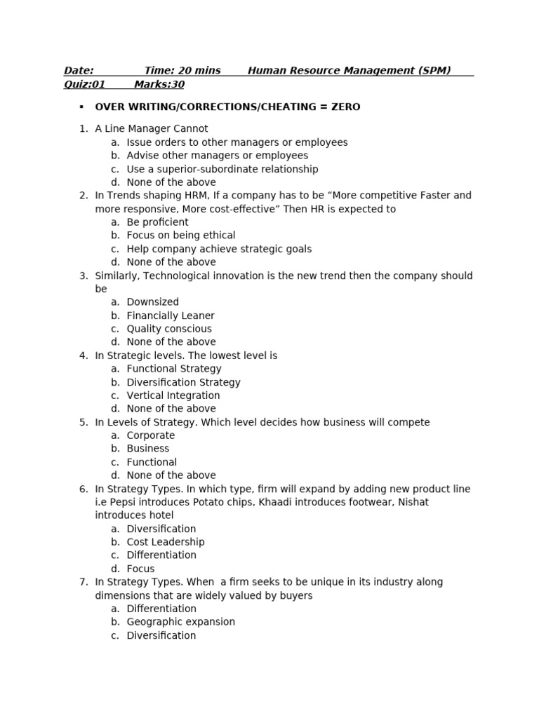 Human Resource Management (SPM) QUIZ 01 | PDF | Goal | Leadership
