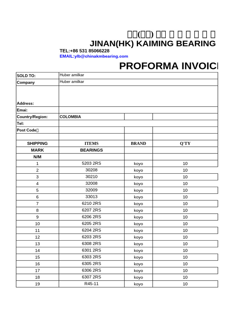 Proforma Invoice: Jinan (HK) Kaiming Bearing Co.,Ltd | PDF