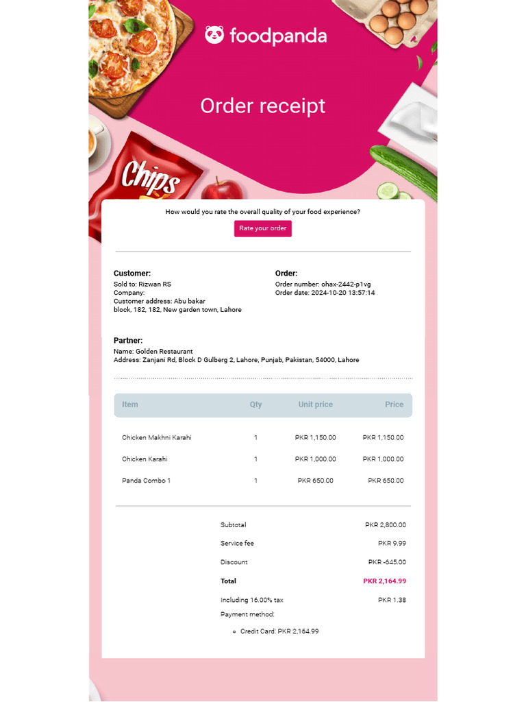 Food Order Receipt and Rating Survey | PDF