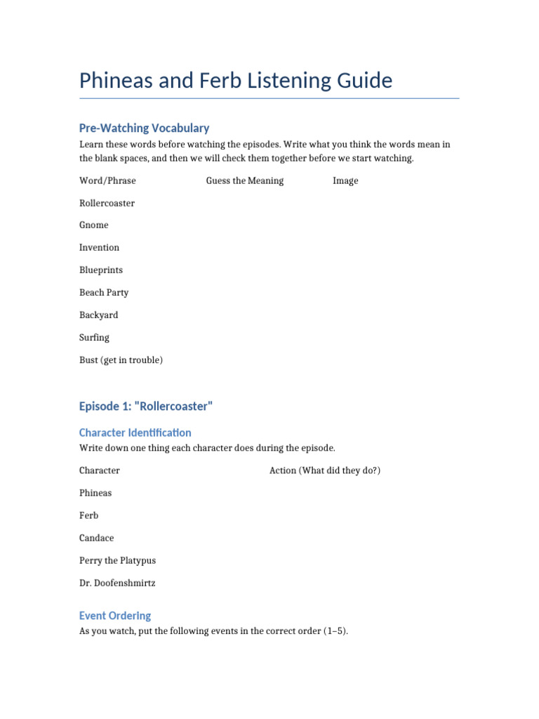 Phineas and Ferb Listening Guide | PDF | Language Arts & Discipline