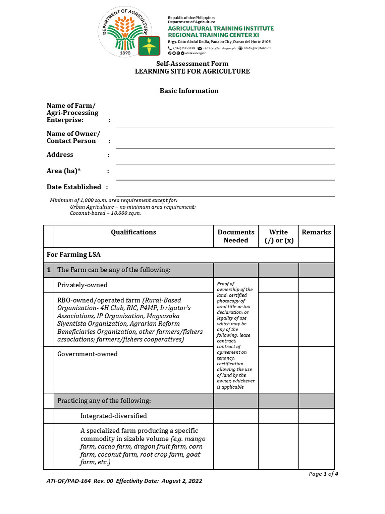 ATI-QF-PAD-164 Rev. 00 Self-Assessment LSA | PDF | Farms | Agriculture