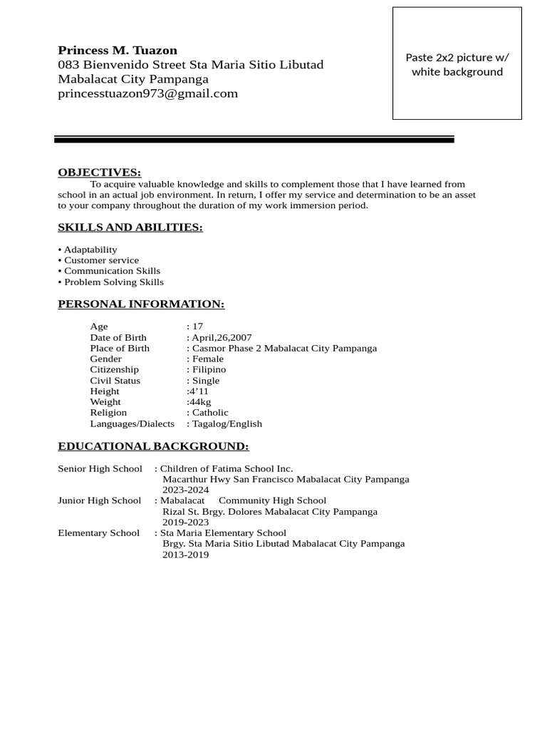 Immersion Resume Sample Tuazon, Princess | PDF