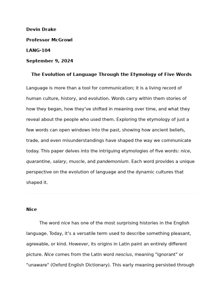 Devin Drake's Essay On Etymology | PDF | Quarantine | Paradise Lost