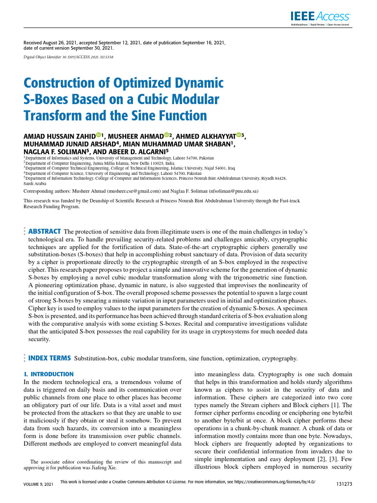 2021 Access W Construction of Optimized Dynamic S Boxes | PDF | Cryptanalysis | Cryptography