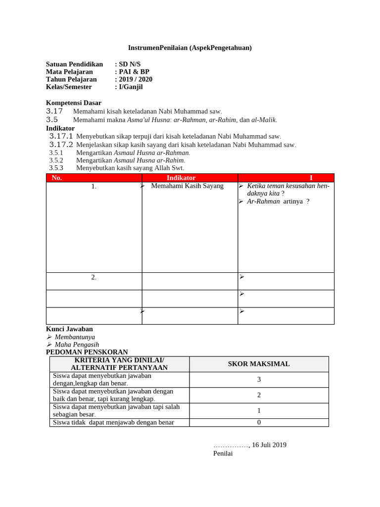 13.instrumen Penilaian Tes Lisan RPP 1 | PDF
