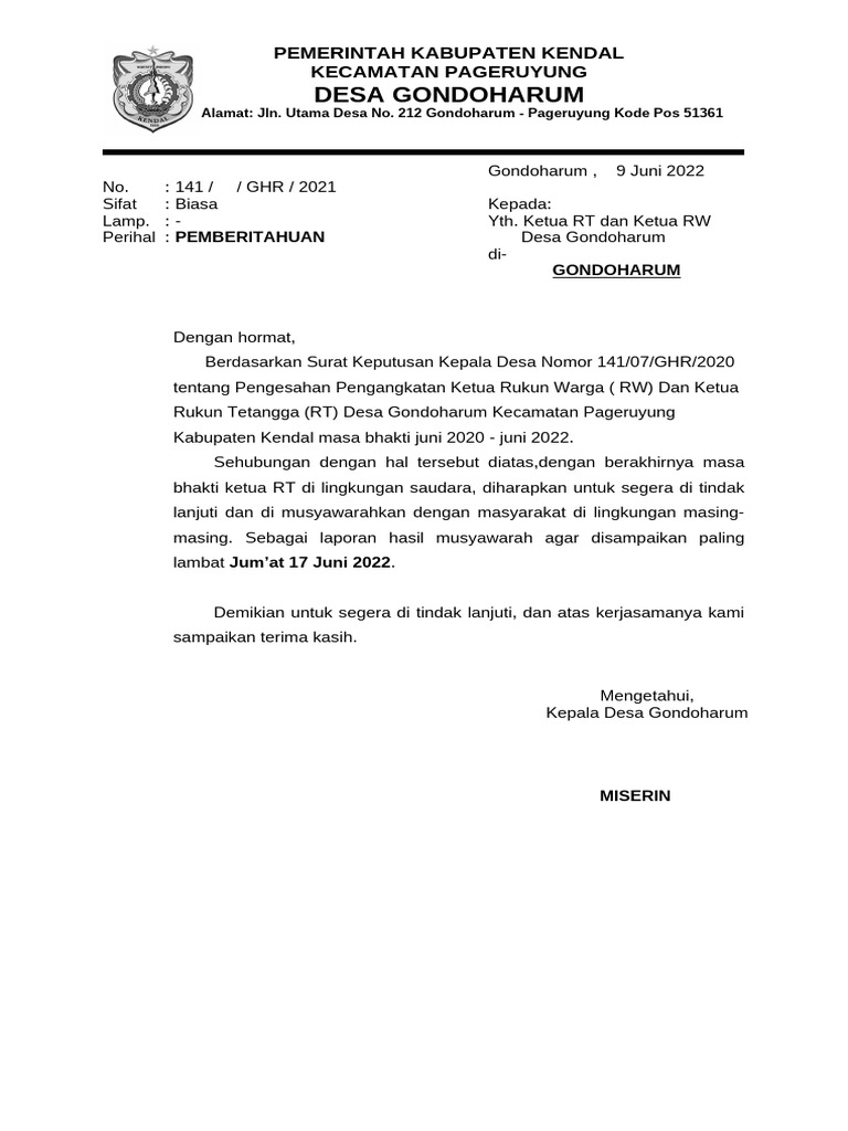 Surat pemberitahuan RT | PDF