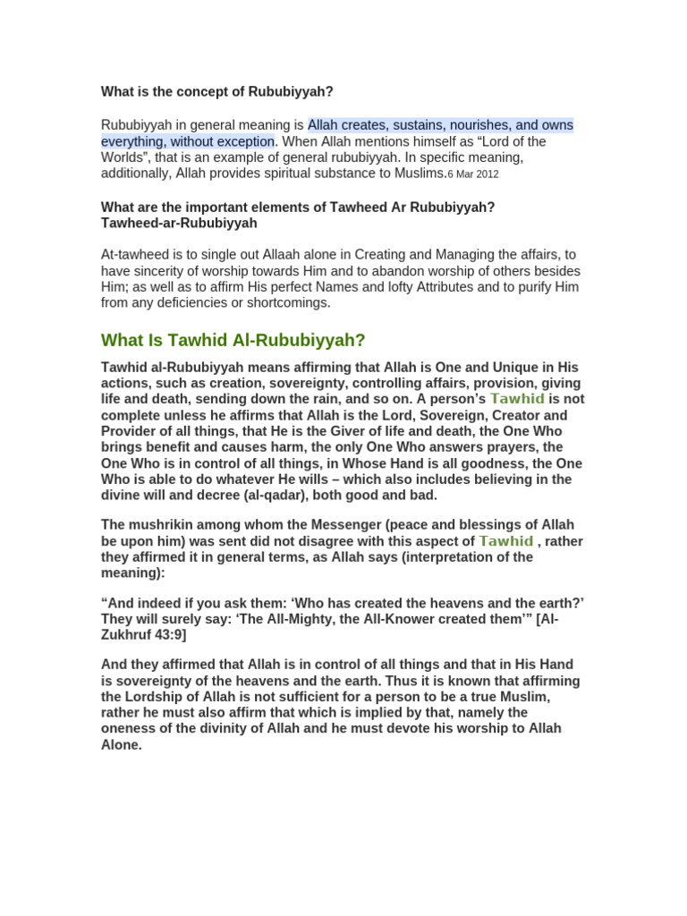 Understanding Tawheed Ar Rububiyyah | PDF | Tawhid | God In Islam