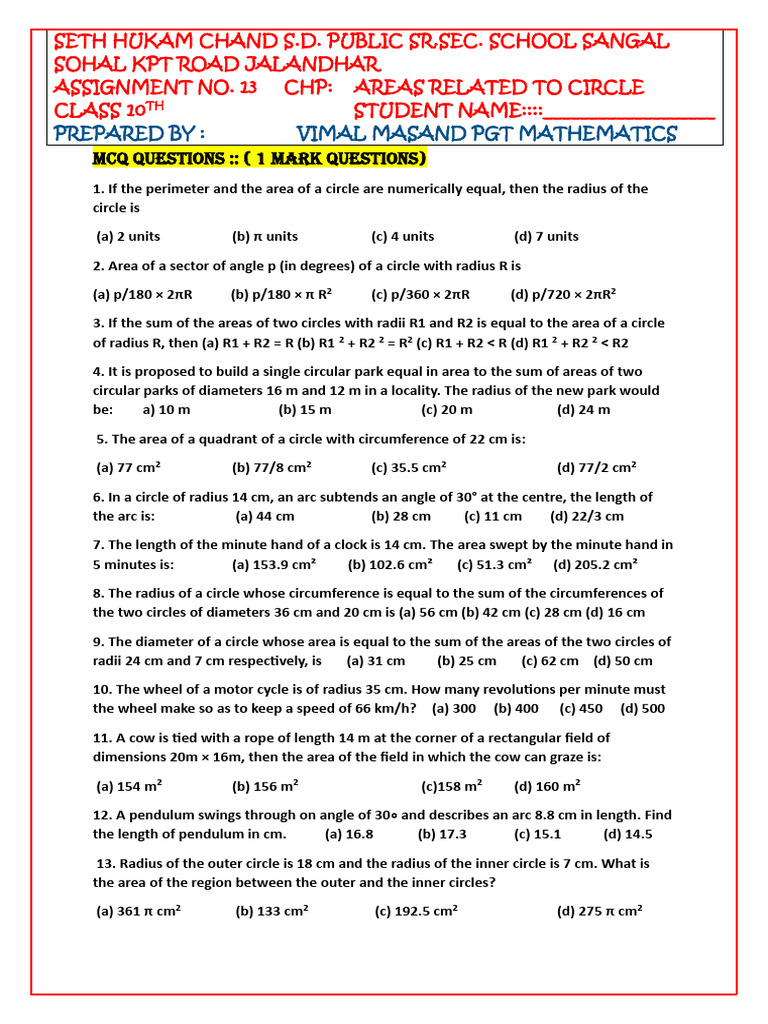 Circle Geometry Quiz | PDF | Area | Geometric Shapes