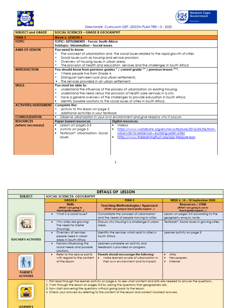 Lesson Plan Grade 8 Geography T3 W6 | PDF | Urbanization | Poverty