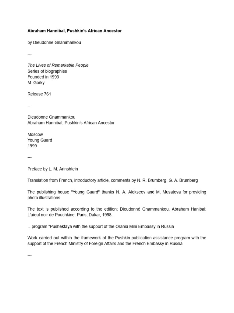 Abraham Hannibal Pushkin's African Ancestor | PDF | Slavery | Military ...