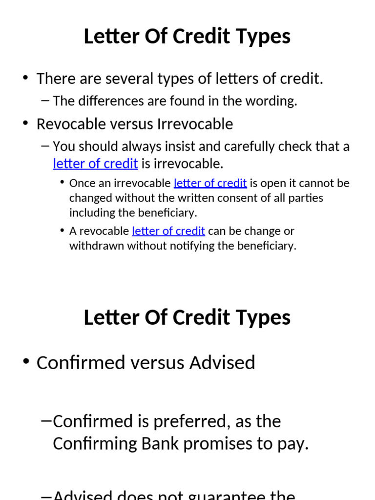 There Are Several Types of Letters of Credit. Revocable Versus ...