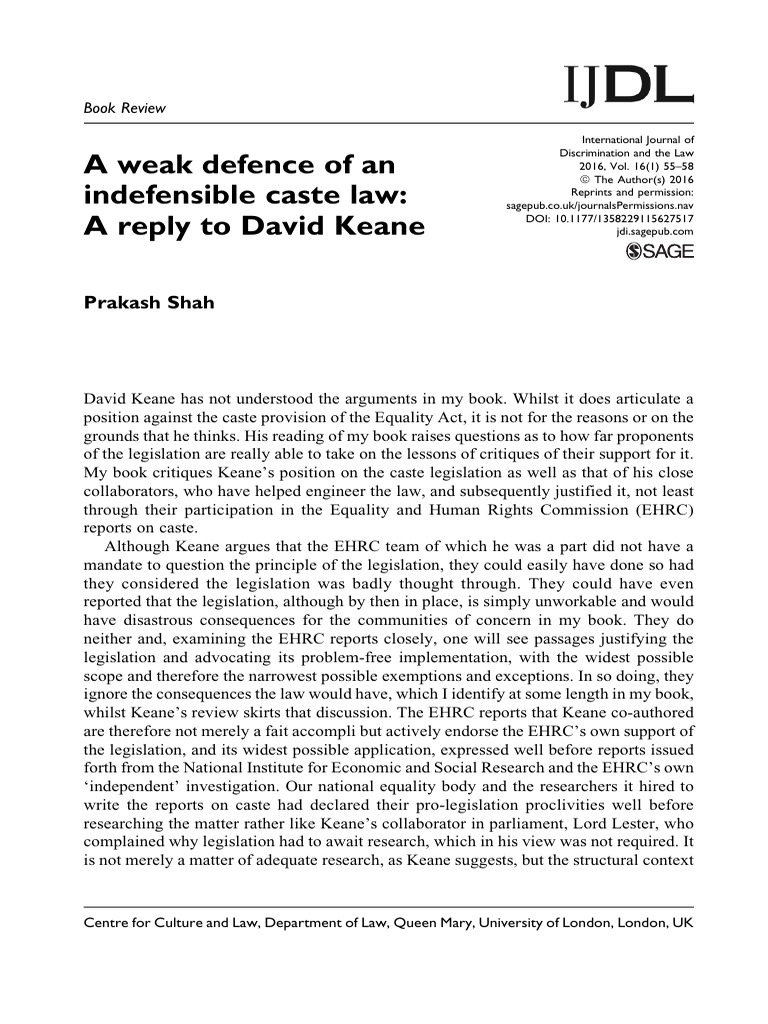 A Weak Defence of An Indefencible Caste Law - A Reply To David Keane | PDF | Caste