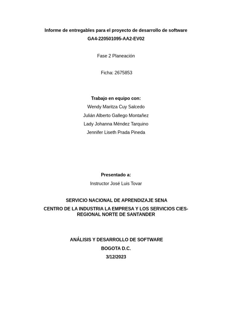 GA4-220501095-AA2-EV02-Informe de Entregables para El Proyecto de Desarrollo de Software | PDF ...