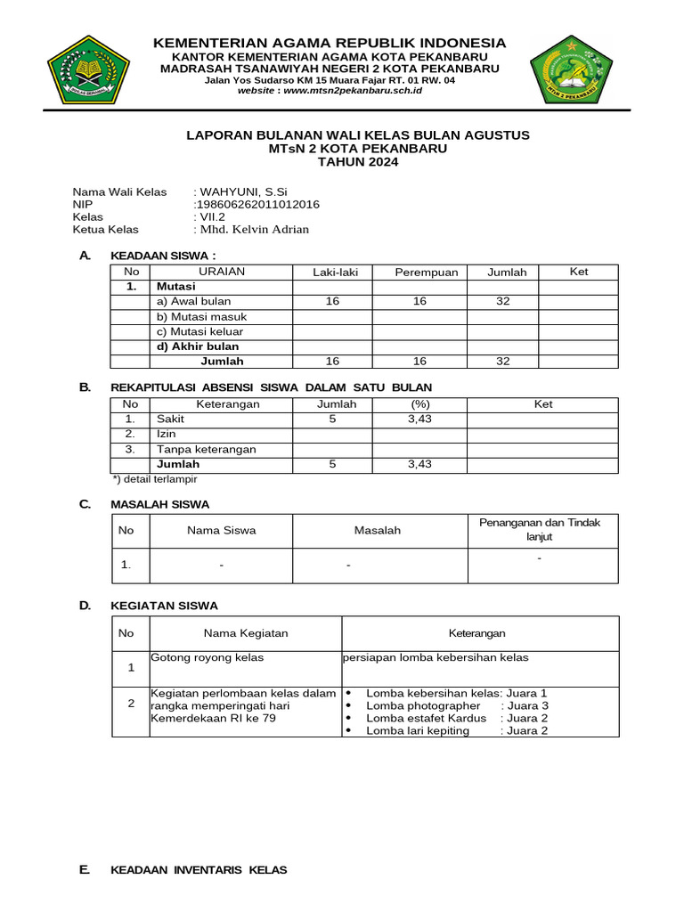 Lap. Wali Kelas Agustus | PDF