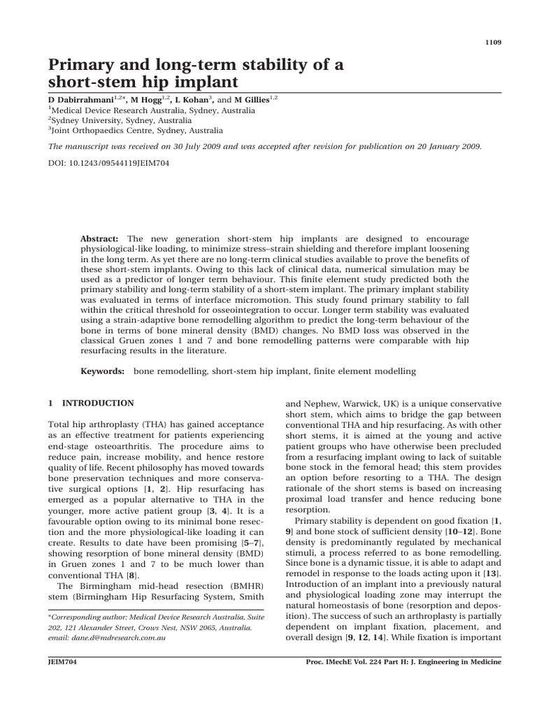 Dabirrahmani Et Al 2010 Primary and Long Term Stability of A Short Stem ...