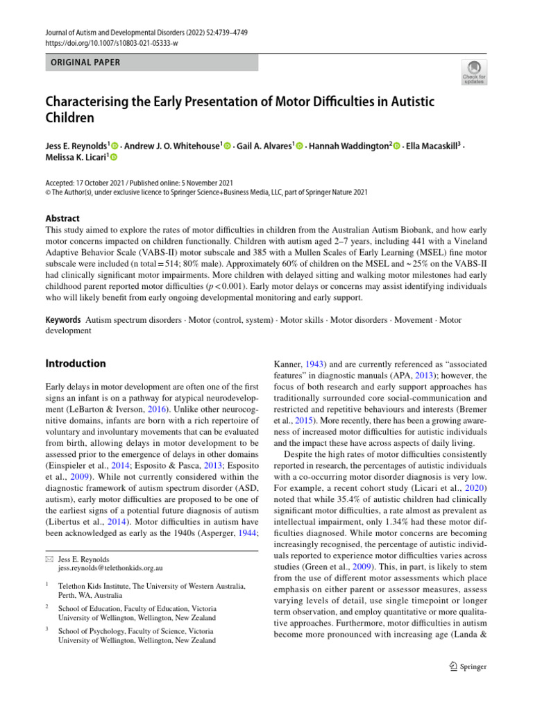 Characterising The Early Presentation of Motor Difculties in Autistic ...
