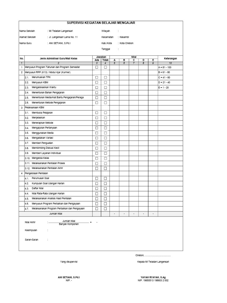 03 Lembar Supervisi KBM Bu Ani | PDF