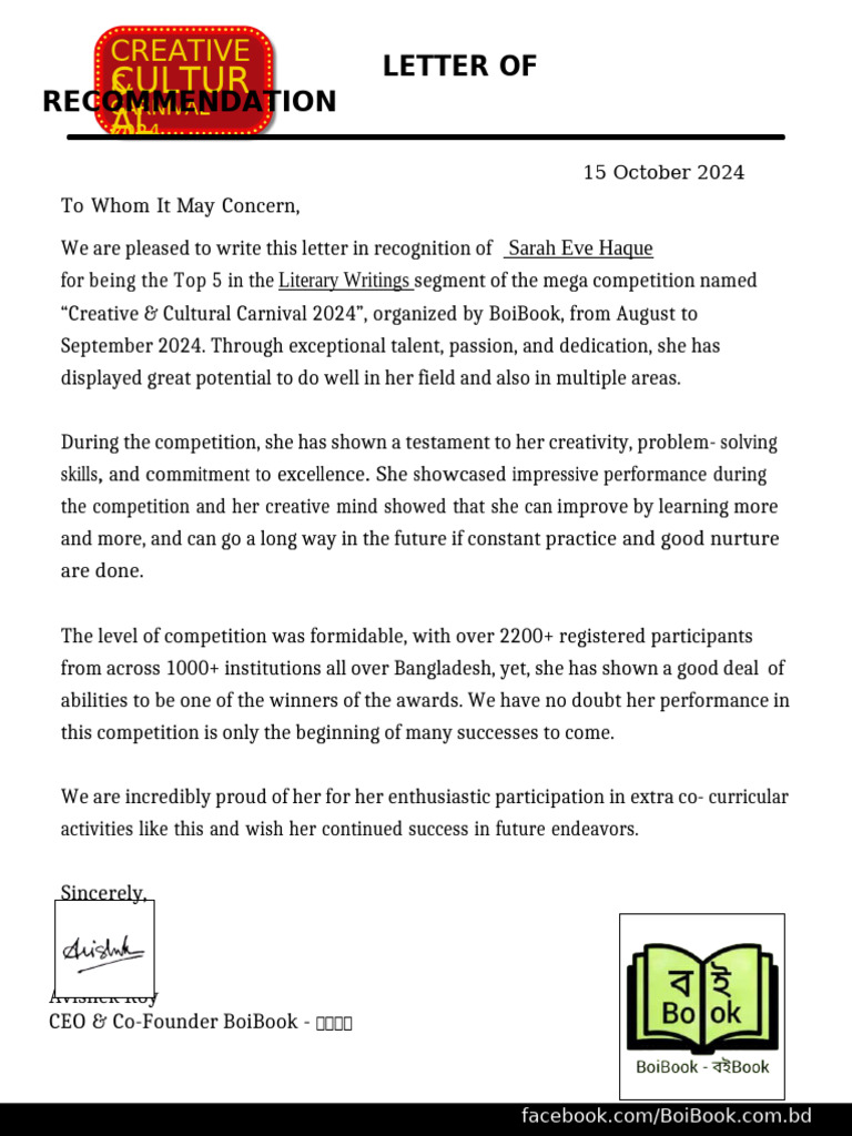 Letter of Recommendation - CCC'2024 | PDF