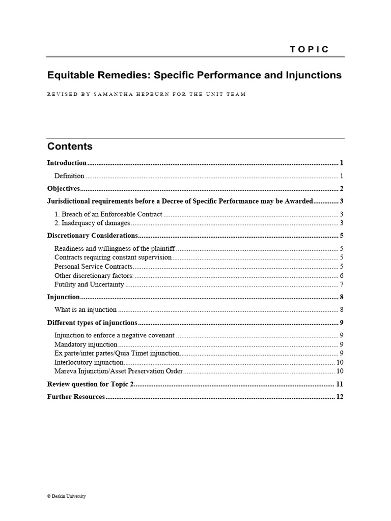 Equitable Remedies: Performance & Injunctions | PDF | Breach Of Contract | Legal Remedy