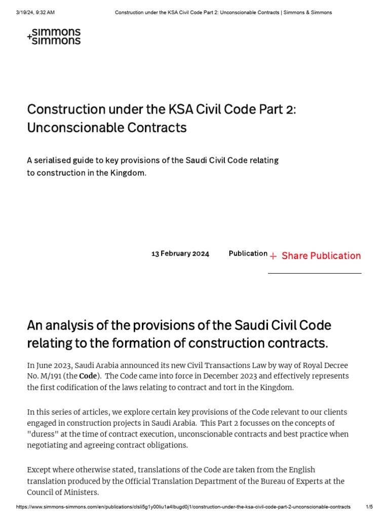 Construction Under The KSA Civil Code Part 2 - Unconscionable Contracts - Simmons & Simmons ...