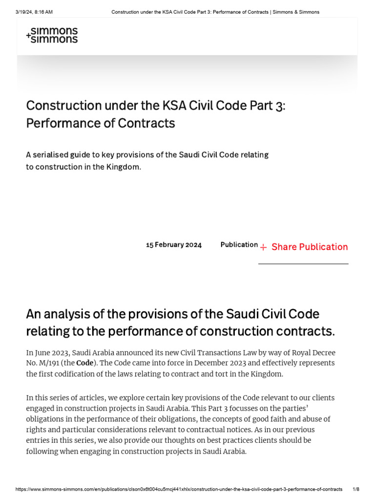 KSA Civil Code: Construction Contract Performance | PDF | Business Law ...