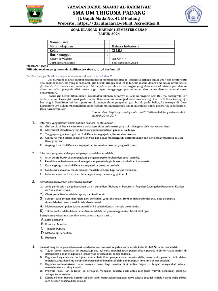 SOAL UH 1 SEMESTER 2 PROPOSAL KELAS XI MIA 2024 | PDF SOAL UH 1 SEMESTER 2 PROPOSAL KELAS XI MIA 2024 | PDF