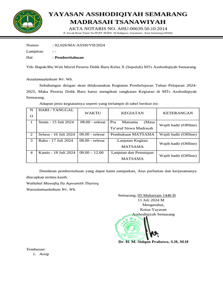 Surat Pemberitahuan Matsama MTs1 | PDF