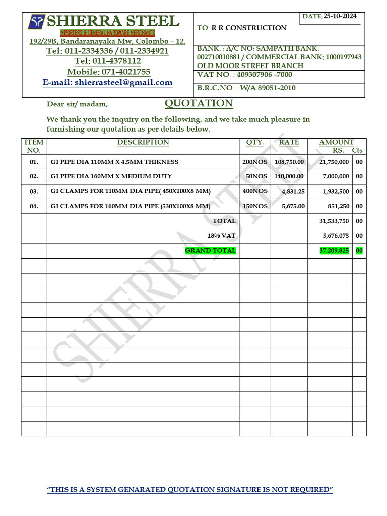 QUOTATION FOR GI Pipe | PDF | Technology & Engineering