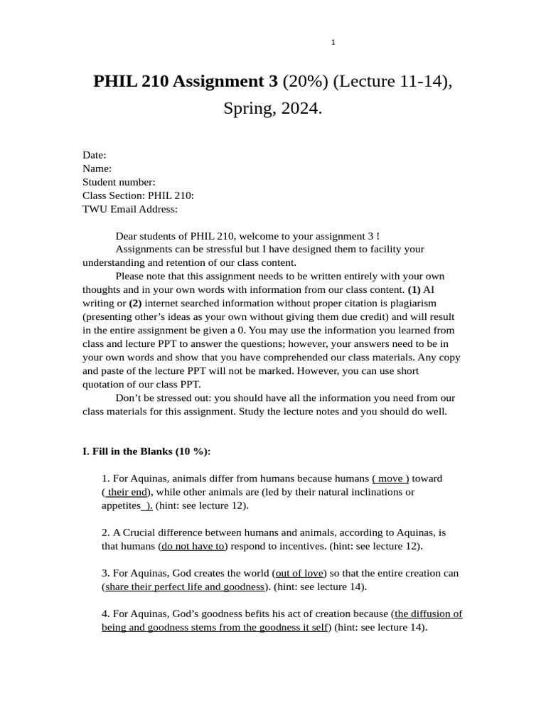 PHIL 210 Assignment 3 Lecture 11-14 | PDF | Knowledge | Thomas Aquinas