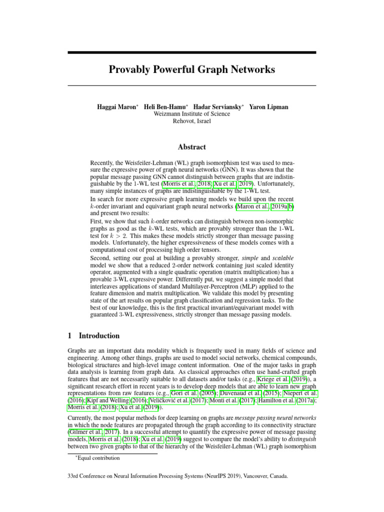 Provably Powerful Graph Networks: Haggai Maron Heli Ben-Hamu Hadar Serviansky Yaron Lipman | PDF ...