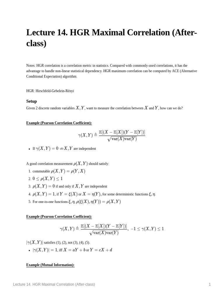 Lecture 14. HGR Maximal Correlation (After-Class) | PDF | Statistical Analysis | Teaching ...