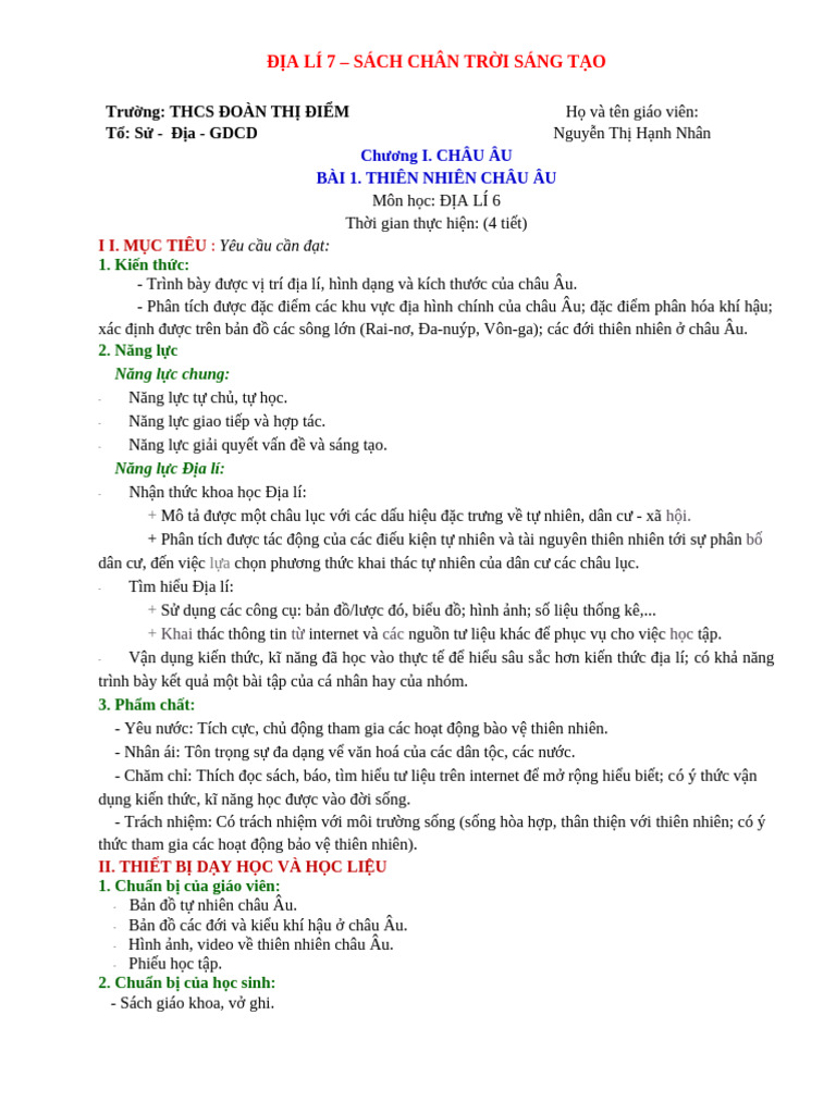 Địa 7 CTST giáo án (đồng bộ W và PPT) Bài 1 - Địa 7 - CTST | PDF