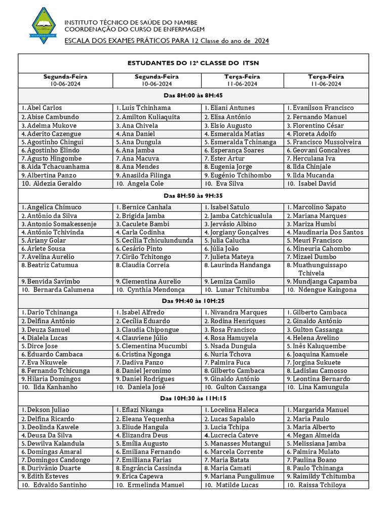 Escala para o Exame 12a CLASSE | PDF | Bem-estar