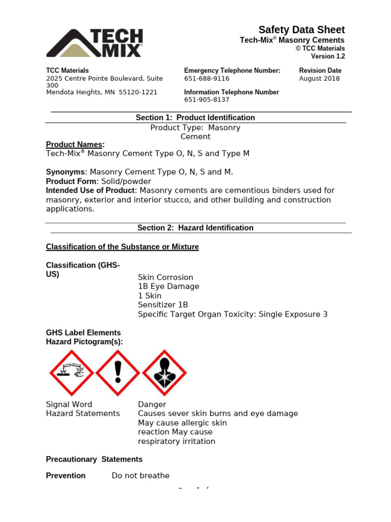 TM Masonry Cement Sds | PDF | Dermatitis | Cement