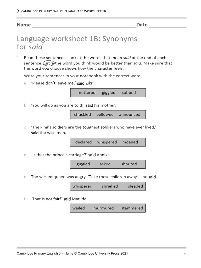 Synonyms for "Said" Worksheet 1B | PDF