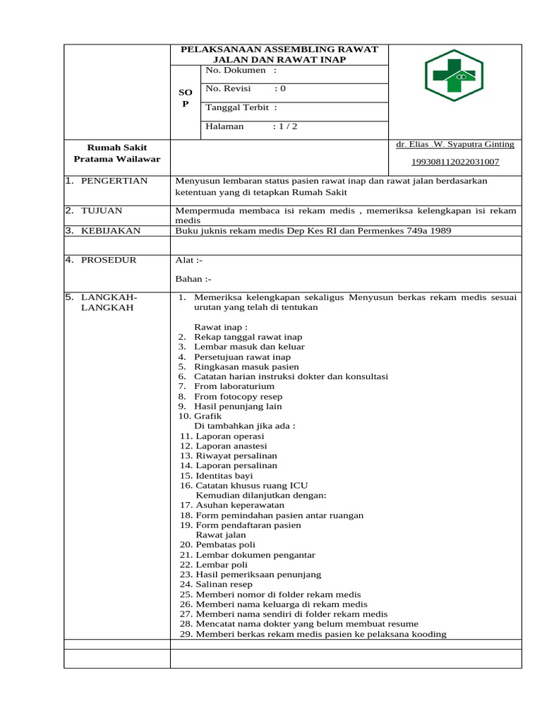 Sop Pelaksanaan Assembling Rawat Jalan Dan Rawat Inap | PDF | Sains & Matematika
