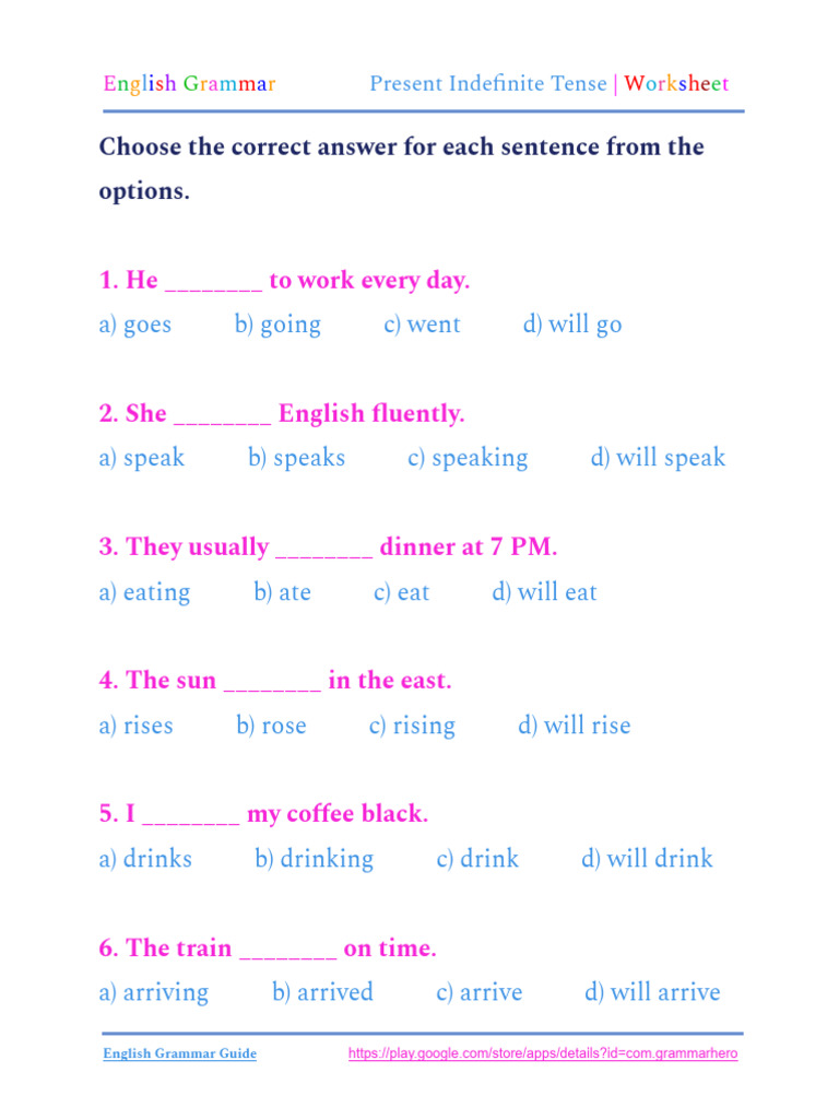 Present Indefinite Tense Worksheet 1 | PDF