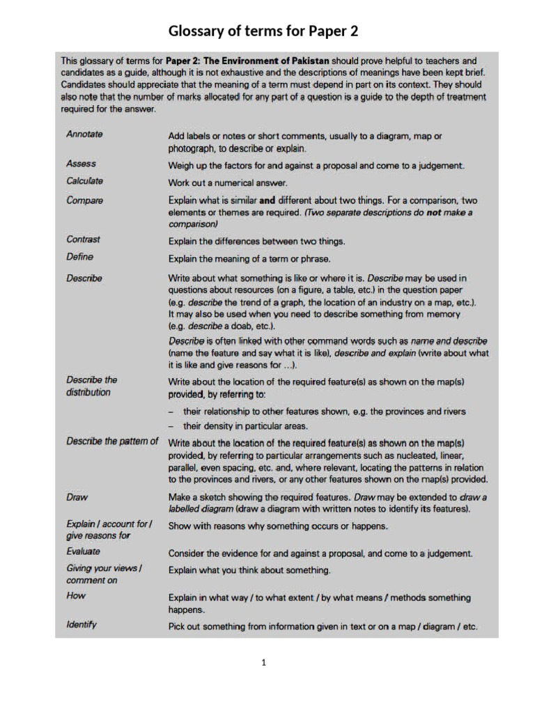 Glossary of Terms For Paper 2 | PDF