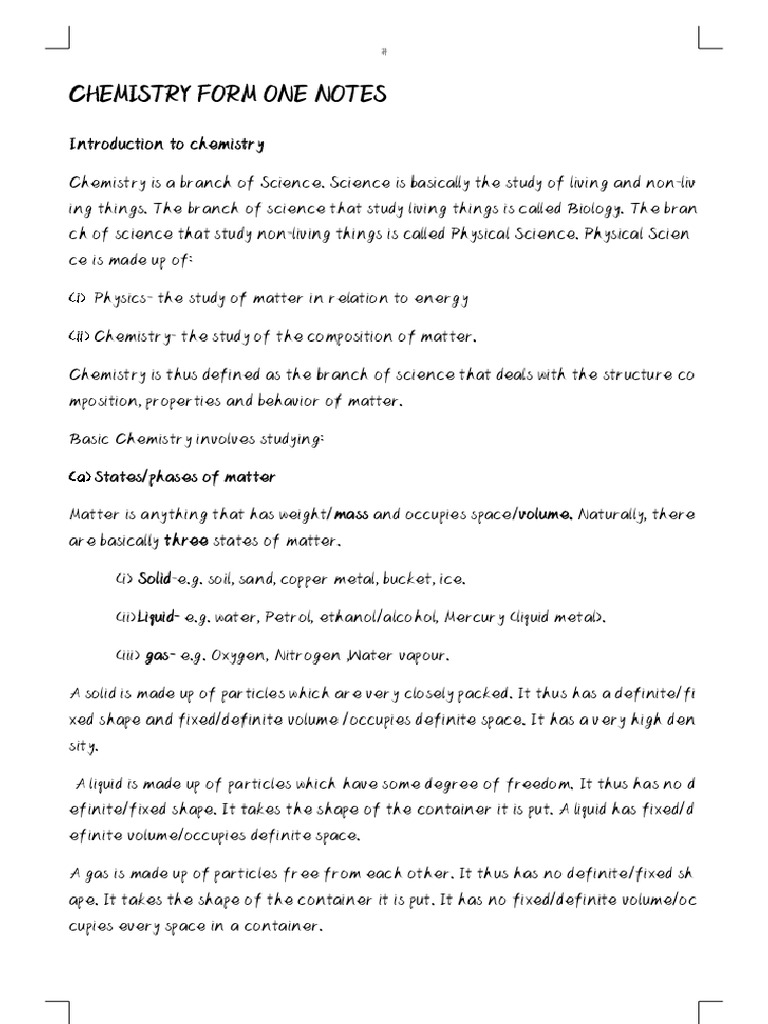 CHEMISTRY NOTES FORM 1 4 BOOKLET G - Phoenix | PDF