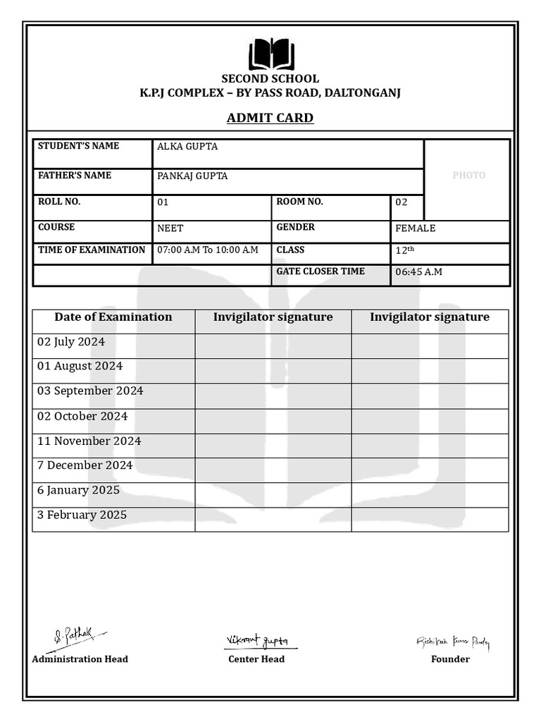 Admit Card - 12th (NEET) | PDF