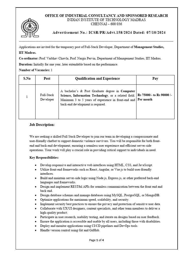 Announcement For The Post of Full Stack Developer - Advt-158-2024 | PDF ... Announcement For The Post of Full Stack Developer - Advt-158-2024 | PDF ...