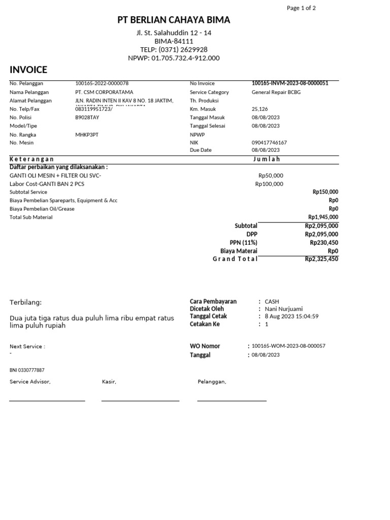 BSI-Invoice With Tax (Detail) WO | PDF