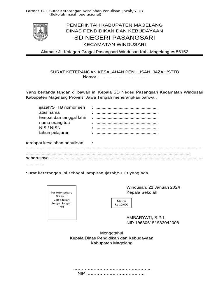 Format 1C SRT Ket Kesalahan Penulisani Ijazah-STTB (Sekolah Masih ...