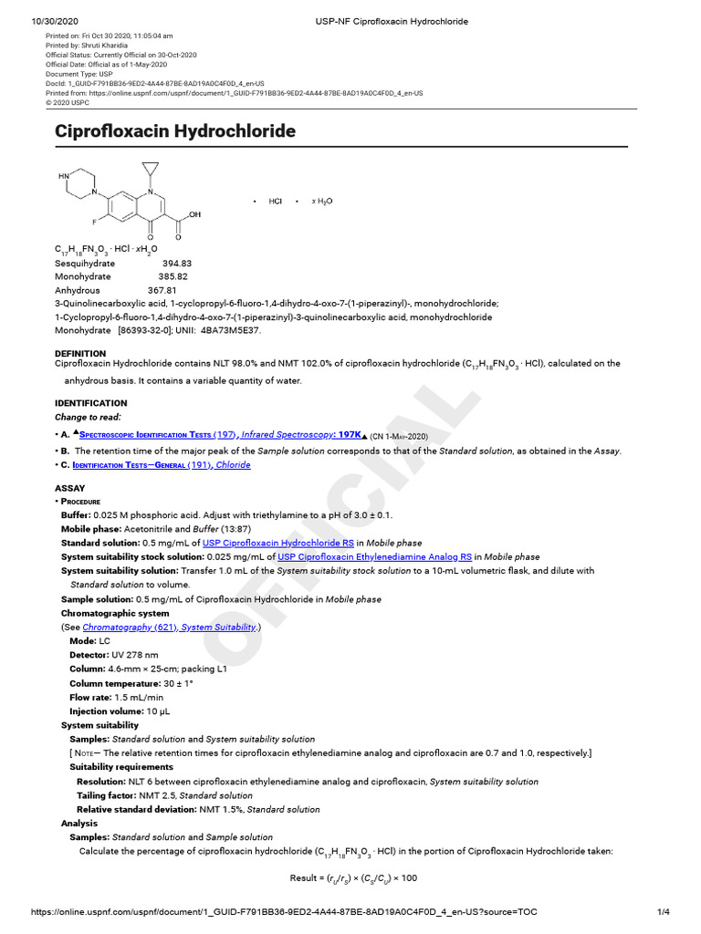 Ciprofloxacin Hydrochloride | PDF | Chromatography | Analytical Chemistry
