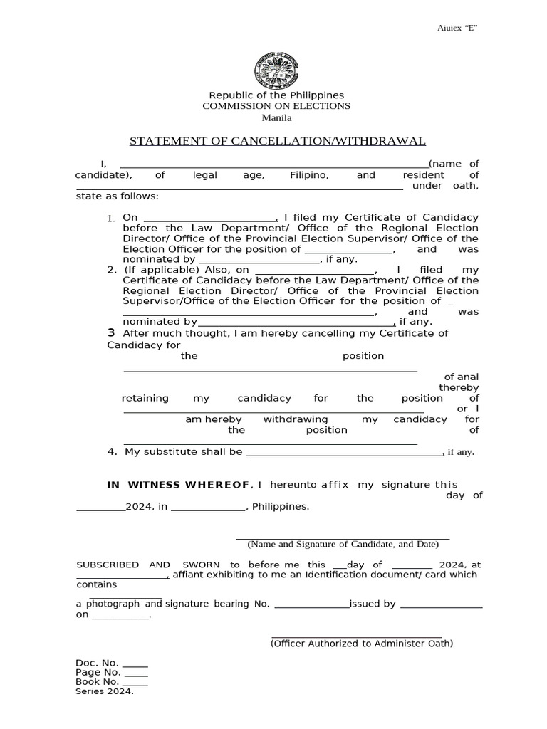 Statement of Withdrawal Form | PDF | Affidavit | Government